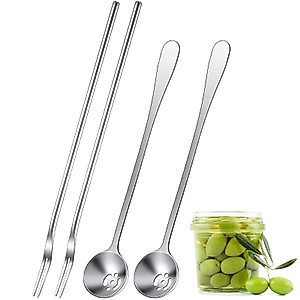 Didaey 4 Pcs 8.7 Inch Pickle Fork and Olive Spoon Strainer Set Stainless Steel Long Handle Pick Jar Serving Spoon with Drain Hole Spoon Prong for Onion Cucumber Arugula (Classic Style)
