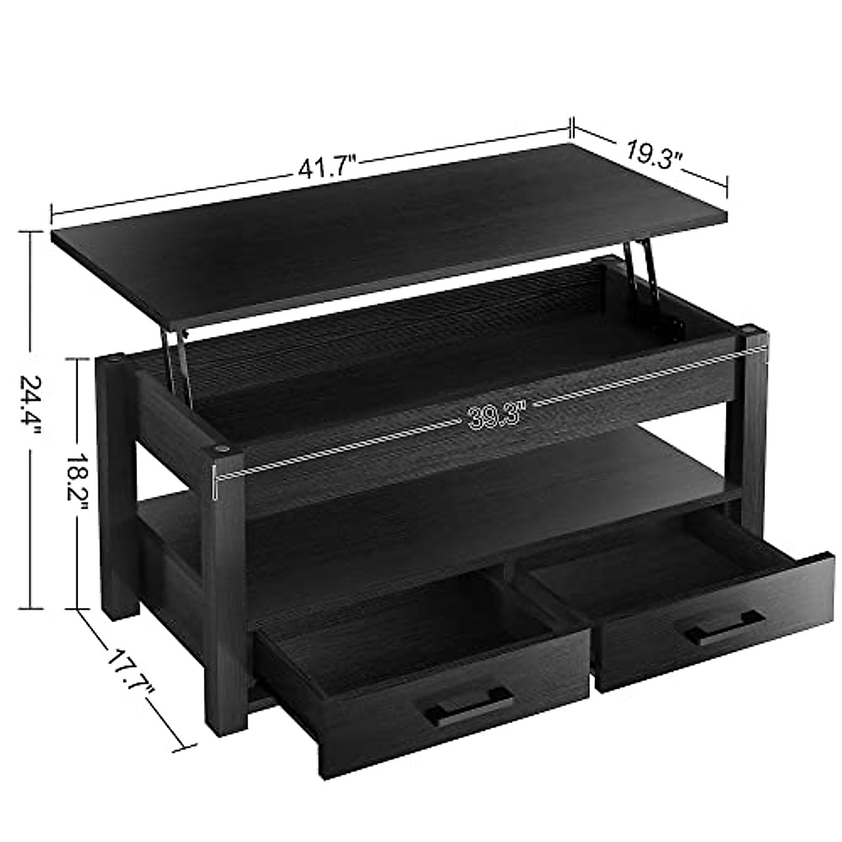 FABATO 41.7'' Lift Top Coffee Table with 2 Storage Drawer Hidden Compartment Open Storage Shelf for Living Room Folding Wood End Table (Black)
