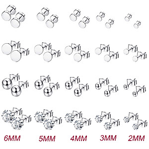 LOYALLOOK 40Pairs Silver Black Tone Stainless Steel Stud Earring for Men Women CZ Round Ball Earring Piercing Set,2-6mm