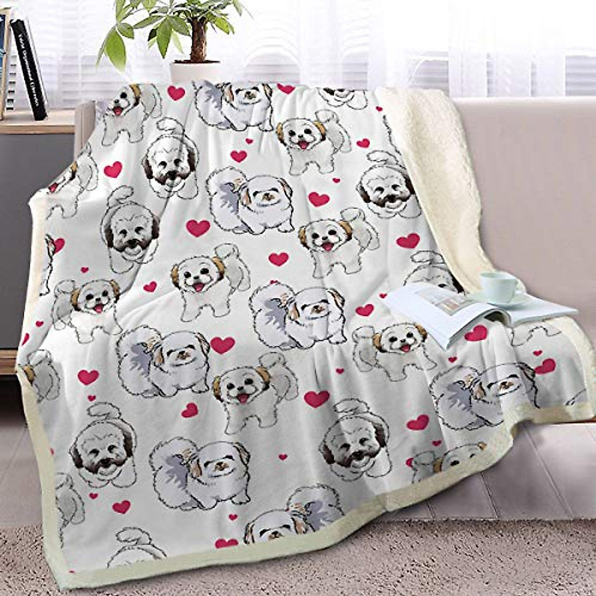 BlessLiving Shih Tzu Blanket Red Hearts Dog Fleece Plush Blanket Cute Puppy for Kids Adults 3D Animal Print Sherpa Blanket Gift for Pet Lovers (Throw, 50 x 60 Inches)