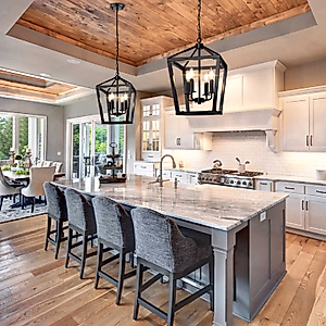 BrightHome Farmhouse Chandelier 4-Light, Black Pendant Light Fixture Ceiling Hanging for Kitchen Island Dining Room, Lantern Industrial Lighting with Metal Cage Adjustable Height for Entryway Foyer