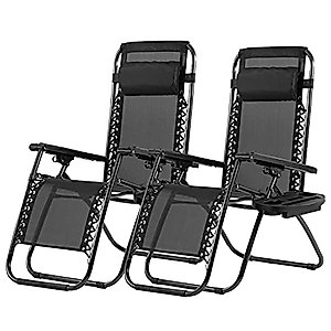 PayLessHere Lounge Chair Set of 2 Adjustable Zero Gravity Chair Beach Chair Folding Lawn Patio Chair with Removable Pillow and Cup Holder for Poolside Backyard Lawn Beach,Black