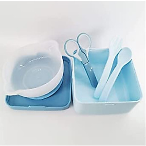 Cream Kids Baby Silicone Suction Plate,Bowl,Spoon,Fork and Baby Food Scissors 5 Piece Set with - BPA Free -Great Kids Food Gift Pack(Macaron Light Blue)