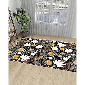 Autumn Maple Leaves Large Rectangular Area Rugs 5' x 7' Living Room, Yellow White Gold Leaf Black Backdrop Durable Non Slip Rug Carpet Floor Mat for Bedroom Bedside Outdoor