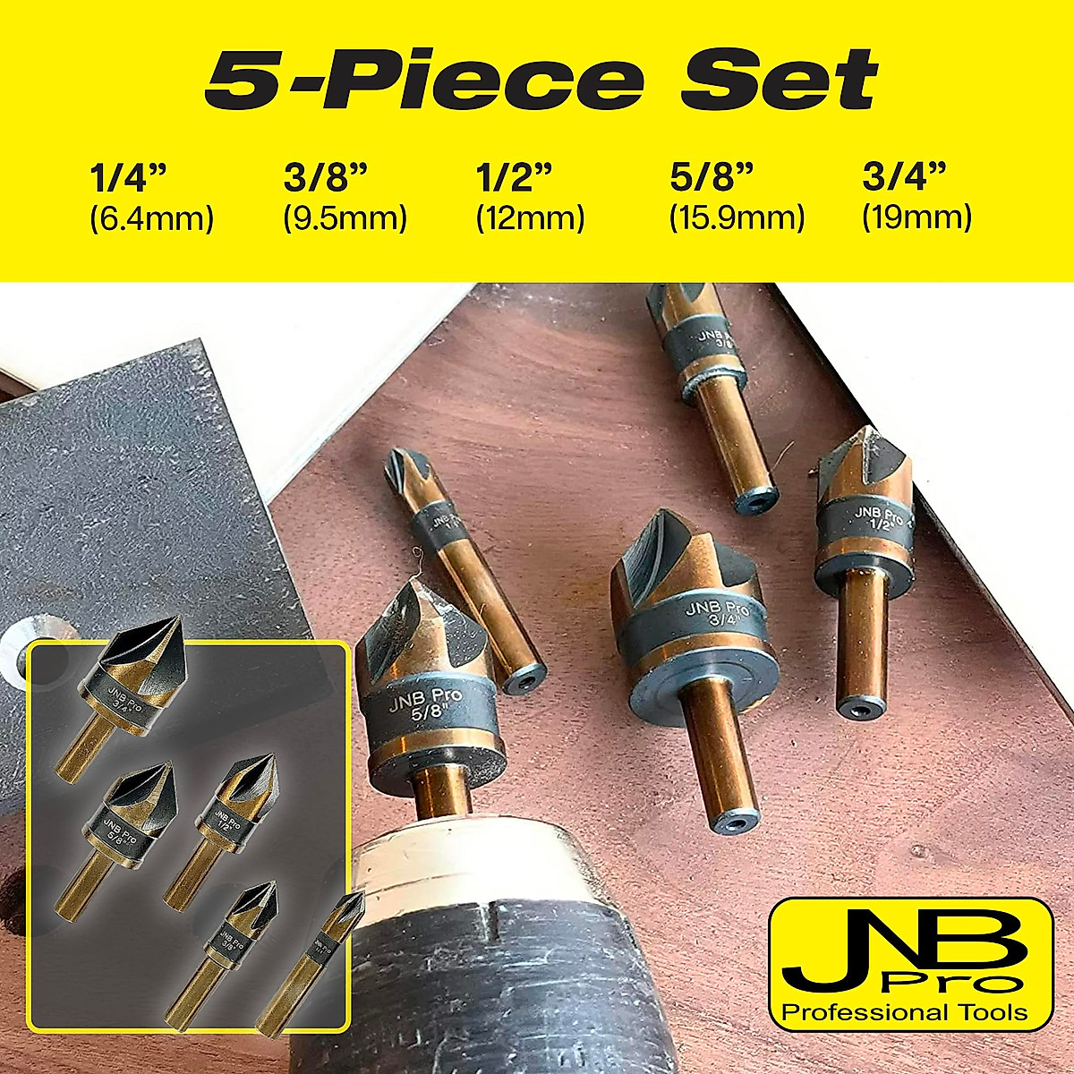 JNB Pro Metal Countersink Drill Bit Set - 5PC High-Speed Steel with M35 HSS-Co Grade 5% Cobalt, Sizes 1/4", 3/8", 1/2", 5/8" & 3/4", 82° 5-Flute Design, 1/4" Shank - Ideal for Stationary or Hand Drill