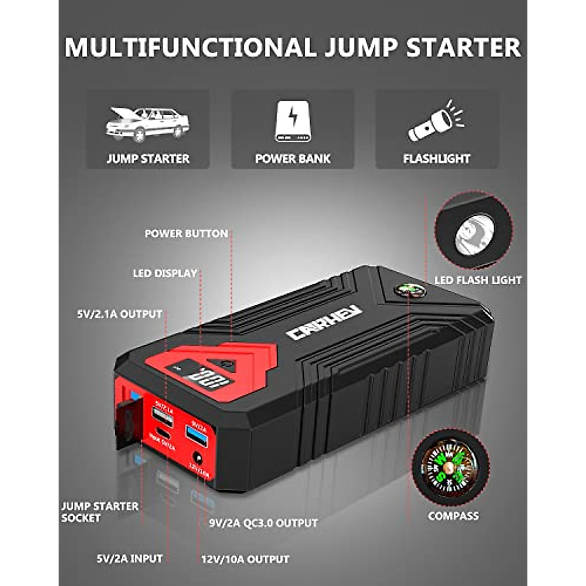 CARHEV 3000A Jump Starter, 24000mAh Car Battery Jump Starter (up to 8.0L Gas and 8.0L Diesel Engine) Battery Jumper Starter Portable, 12V Car Jumper Starter Portable with LED Light and USB QC 3.0