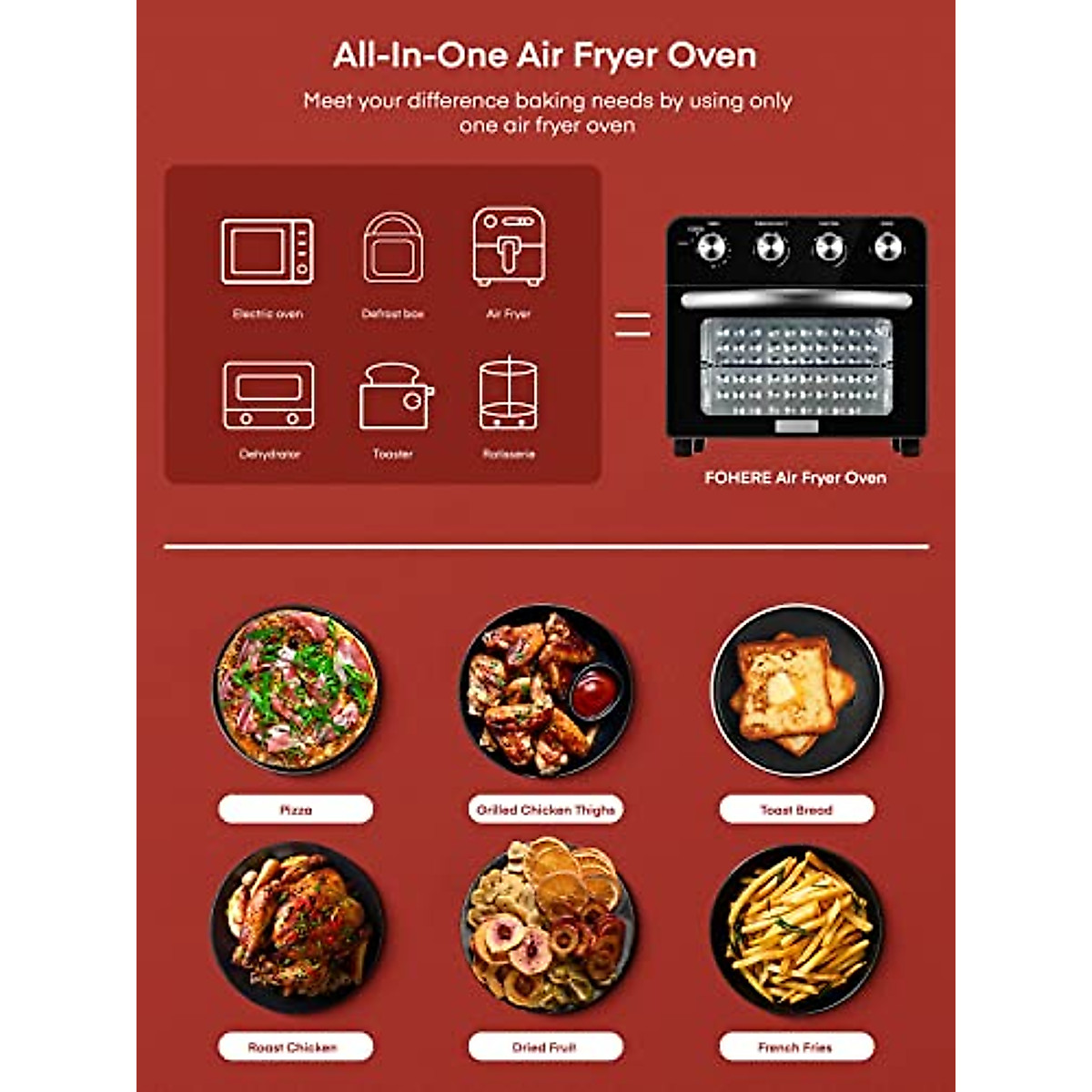 FOHERE Air Fryer Oven Combo, 6 Slice 24 QT Multi-function Convection Oven, 1700W Toaster Oven for Rotisserie, Dehydrate, Air Fry, Bake & Reheat, Fry Oil-Free, Non-Stick Inner, 6 Accessories & 100 Recipes