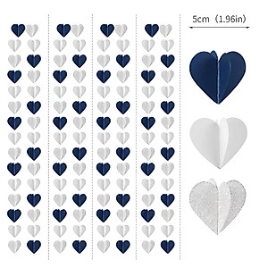 Navy-Blue White Silver 3D-Heart Garland - 39Ft Graduation Hanging Decoration Streamers Banner,Bridal Birthday Engagement Bachelorette Baby Shower Christmas Baby Shower Valentines Party Decor Ouruola