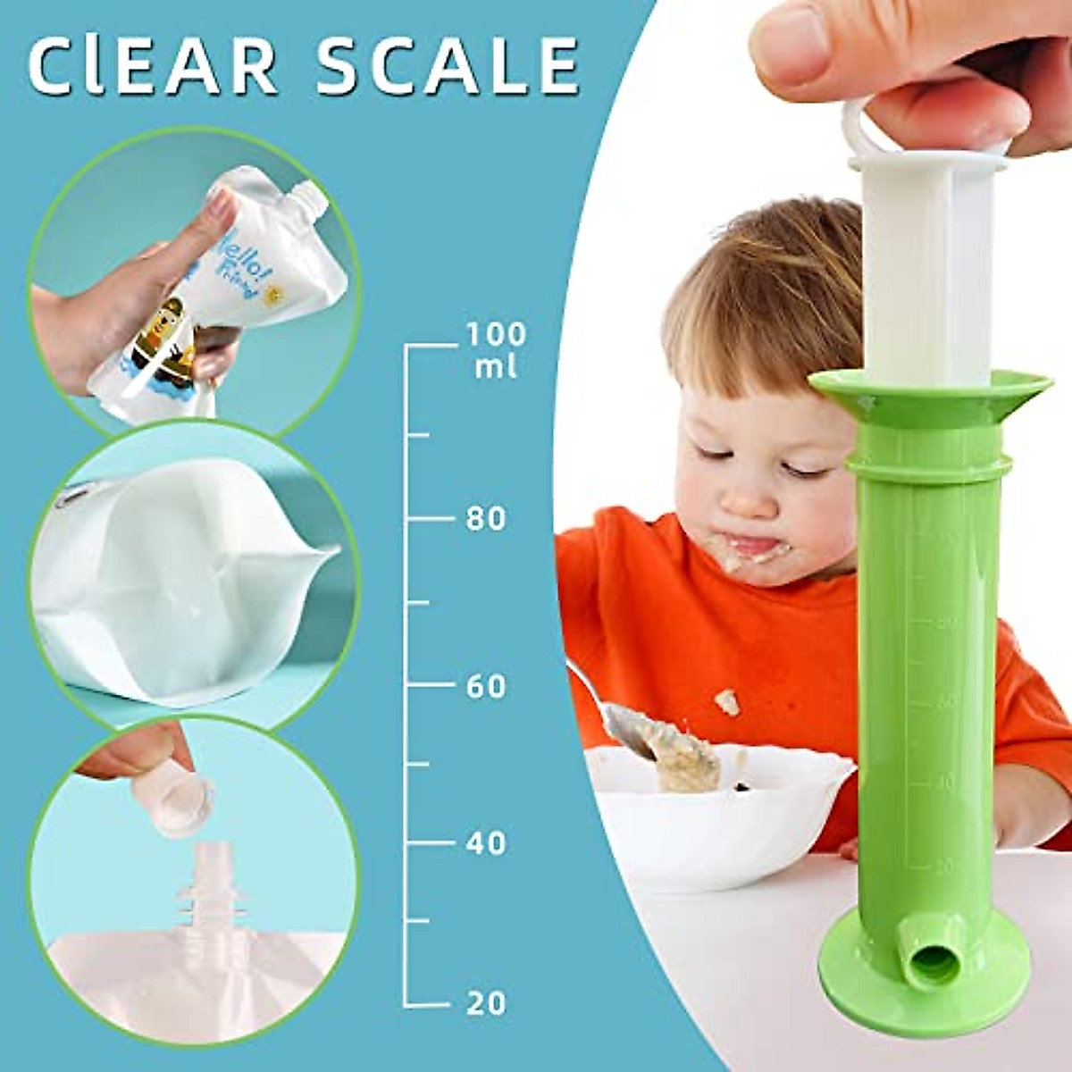 Fruit Puree Filler,Portable Fruit Squeeze Puree Filler Fruit Juice Food Maker with 9pcs Reusable Pure Color Pouches for Kids (Green)