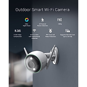EZVIZ Outdoor Security Camera Color Night Vision, 1080P AI-Powered Person Detection, H.265, IP67 Waterproof, Customizable Detection Zones, 2.4GHz WiFi Supports MicroSD Card up to 256GB(C3N)