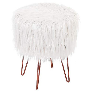 BIRDROCK HOME White Faux Fur Vanity Stool Chair - Soft Furry Compact Padded Seat - Vanity, Living Room, Bedroom and Kids Room Chairs - Hair Pin Metal Legs Upholstered Decorative Furniture Foot Rest