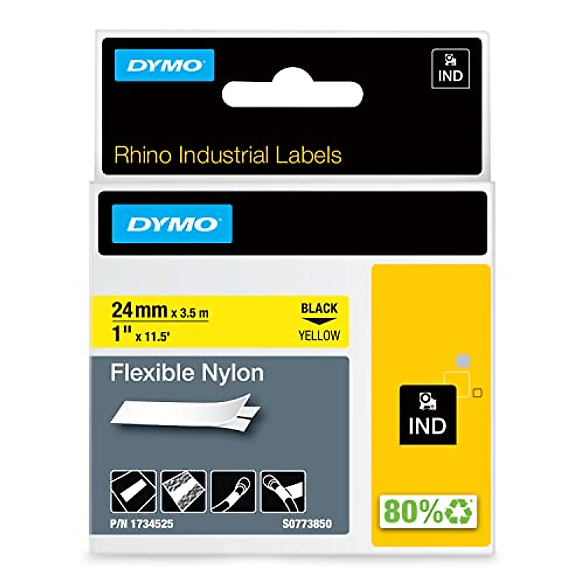 DYMO Industrial Labels for DYMO Industrial Rhino Label Makers, Black on Yellow, 1", 1 Roll (1734525)