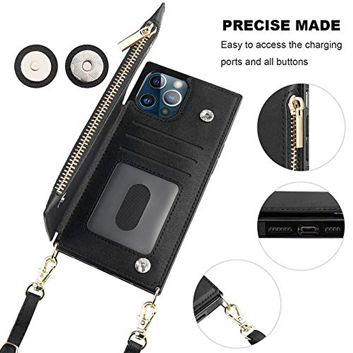 Bocasal Crossbody Wallet Case for iPhone 12 Pro Max with Card Holder,Zipper Card Slot Protector Shockproof Purse Cover with Removable Cross Body Strap 6.7 Inch(Black)