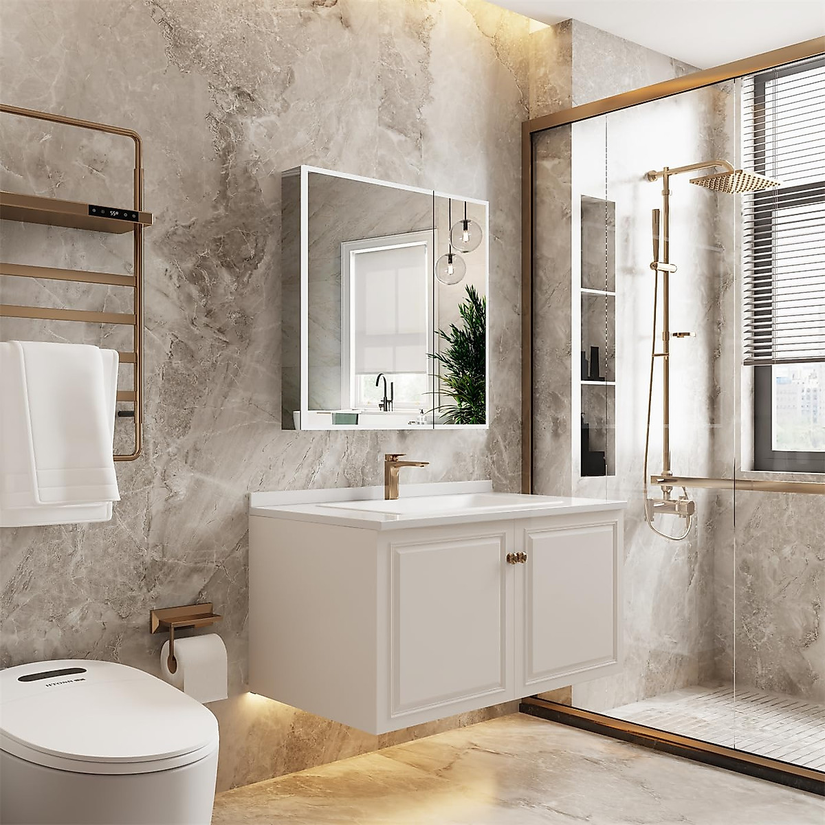 WELLFOR 30" X 30" Medicine Cabinet with Lights, 3X Magnification, Double Opening Door, Anti-Fog, Medicine Cabinet with Mirror, Bathroom Vanity Medicine Cabinet with Outlets & USB Ports