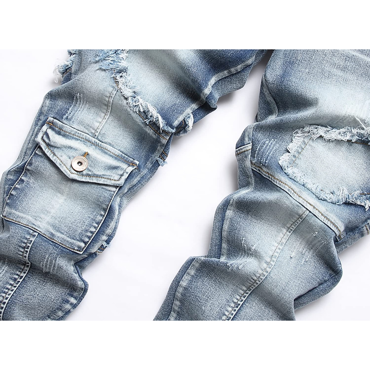 XIMXIMMTIAN Men's Biker Moto Washed Distressed Slim Fit Straight Jeans Denim (34, 2128 Blue)