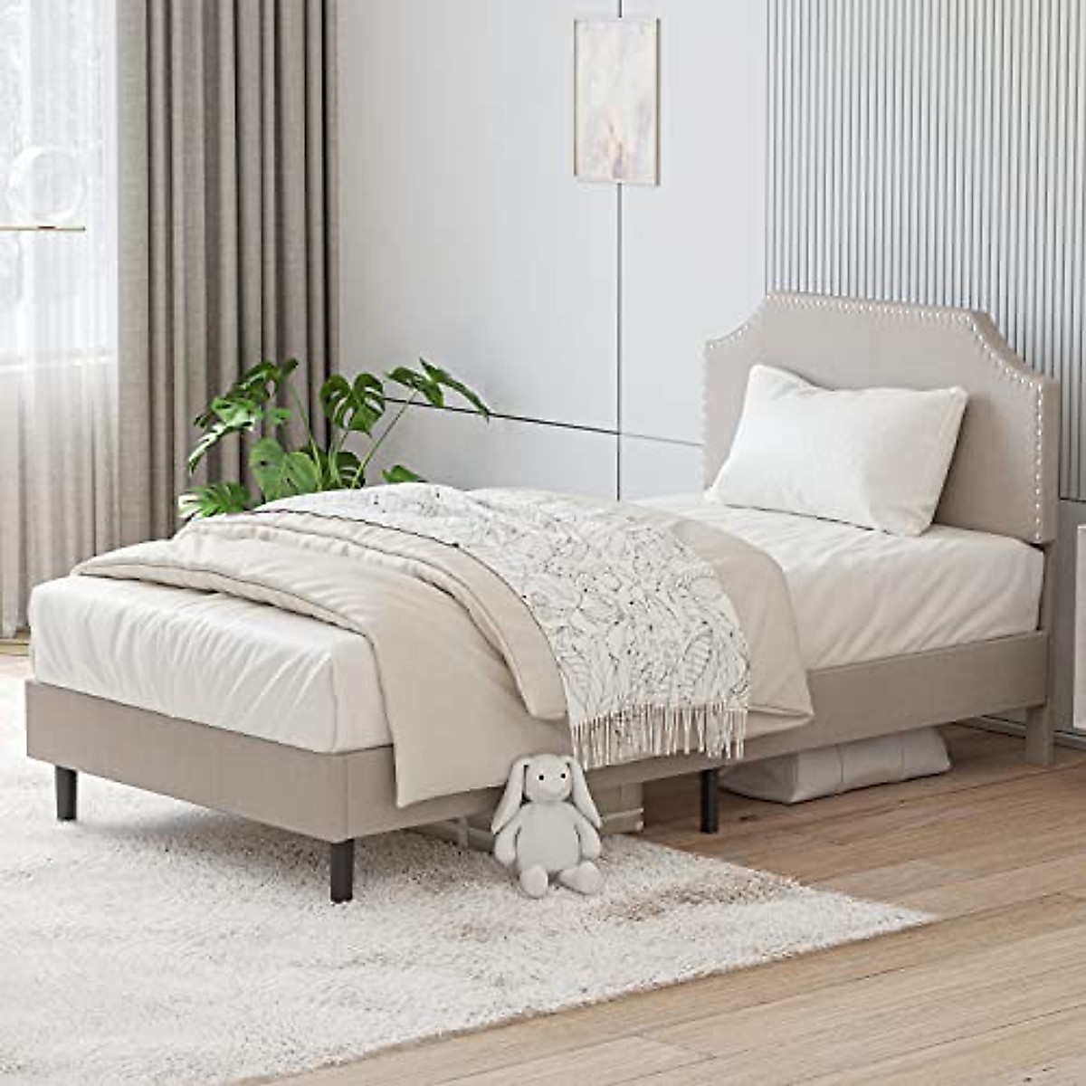 LIKIMIO Twin Bed Frames, Upholstered Platform Bed Frame with Height Adjustable Headboard with Nailhead Trim, No Box Spring Needed/Wood Slat Support/Noise-Free, Beige