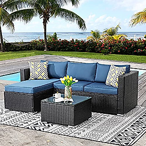 Walsunny Patio Furniture Set 3 Piece Outdoor Sectional Patio Sofa, All Weather Wicker Rattan Outdoor Furniture with Glass Table and Cushions(Aegean Blue)