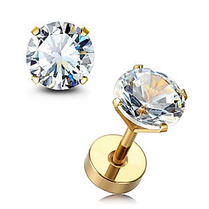 JewelrieShop Cartilage Tragus Earring Stainless Steel Stud Piercing Earring Flat Back Earrings Stud Flatback Screw Back Earrings for Women Men (16G, 6mm Bar Length, 3mm-7mm CZ, 5 Pairs)