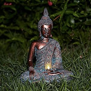 CHRUI Solar Outdoor Buddha Statue, 13 Inch Antique Thai Shakyamuni Sitting Statue Resin- Home & Outdoor Decor for Garden, Patio, Deck, Porch - Yard Art Decoration