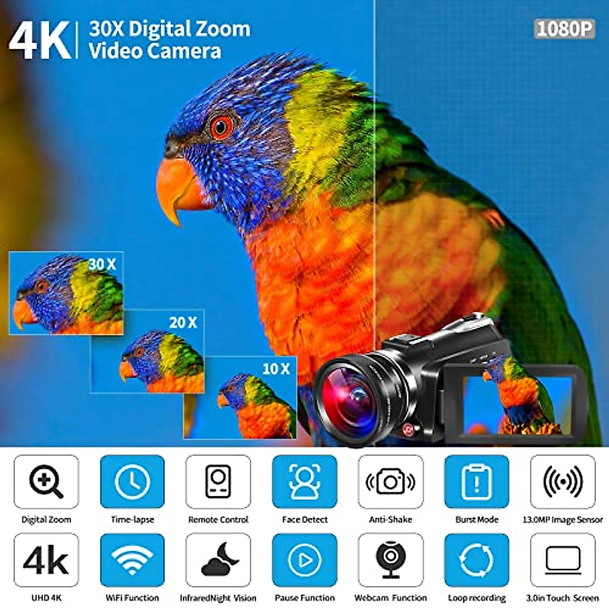 4K Video Camera Camcorders 30MP Ultra HD Infrared Night Vision Wifi Vlogging Camera for YouTube 30X Digital Zoom Touch Screen Camera Recorder with Wide-Angle Lens,32GB SD card、Infrared Flashlight