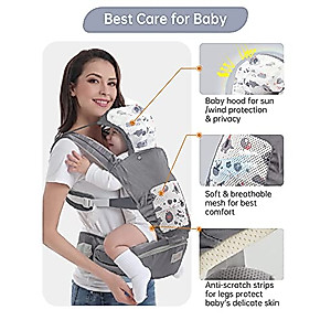 Baby Carrier Newborn to Toddler, Mumgaroo Ergonomic 6-in-1 Baby Carrier with Hip Seat Complete All Seasons, Adjustable & Removable Baby Holder Backpack with Baby Hood 0-36 Months (Grey)