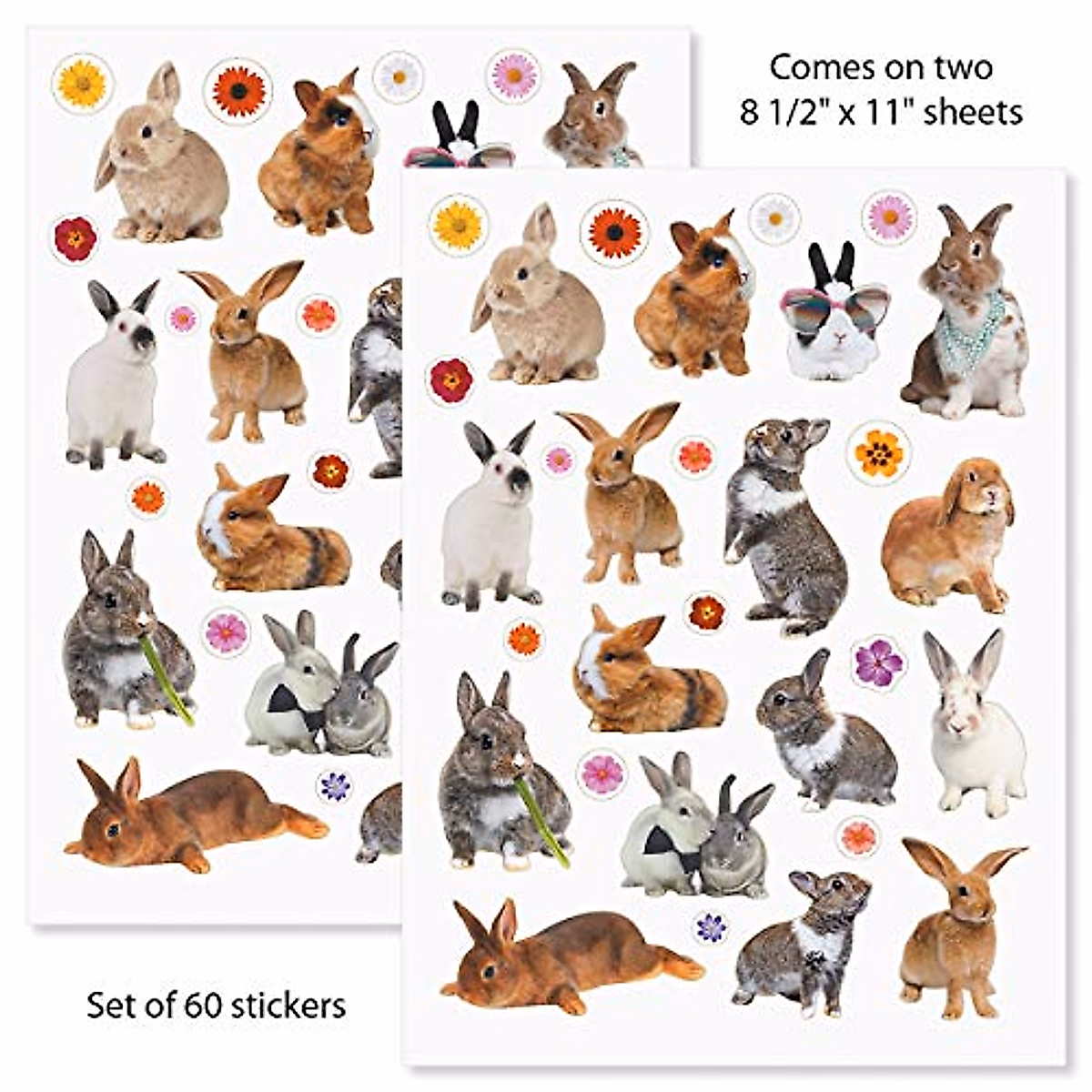 CURRENT Bunny and Flowers Sticker Set - 60 Stickers, Two 8-1/2" x 11" Sheets, Easter Basket Stuffers, Holiday Arts and Crafts, Fun for Kids, Spring Themed Gifts, Party Favors