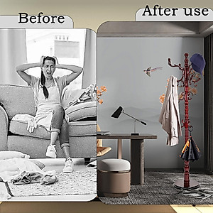 RUFXIEZW Coat Rack Freestanding, Wooden Tree Coat Rack Stand with 3 Adjustable Sizes Coat Tree and 14 Hooks, Sturdy Hall Tree with Solid Round Base for Entryway, Hallway, Bedroom (Reddish brown)