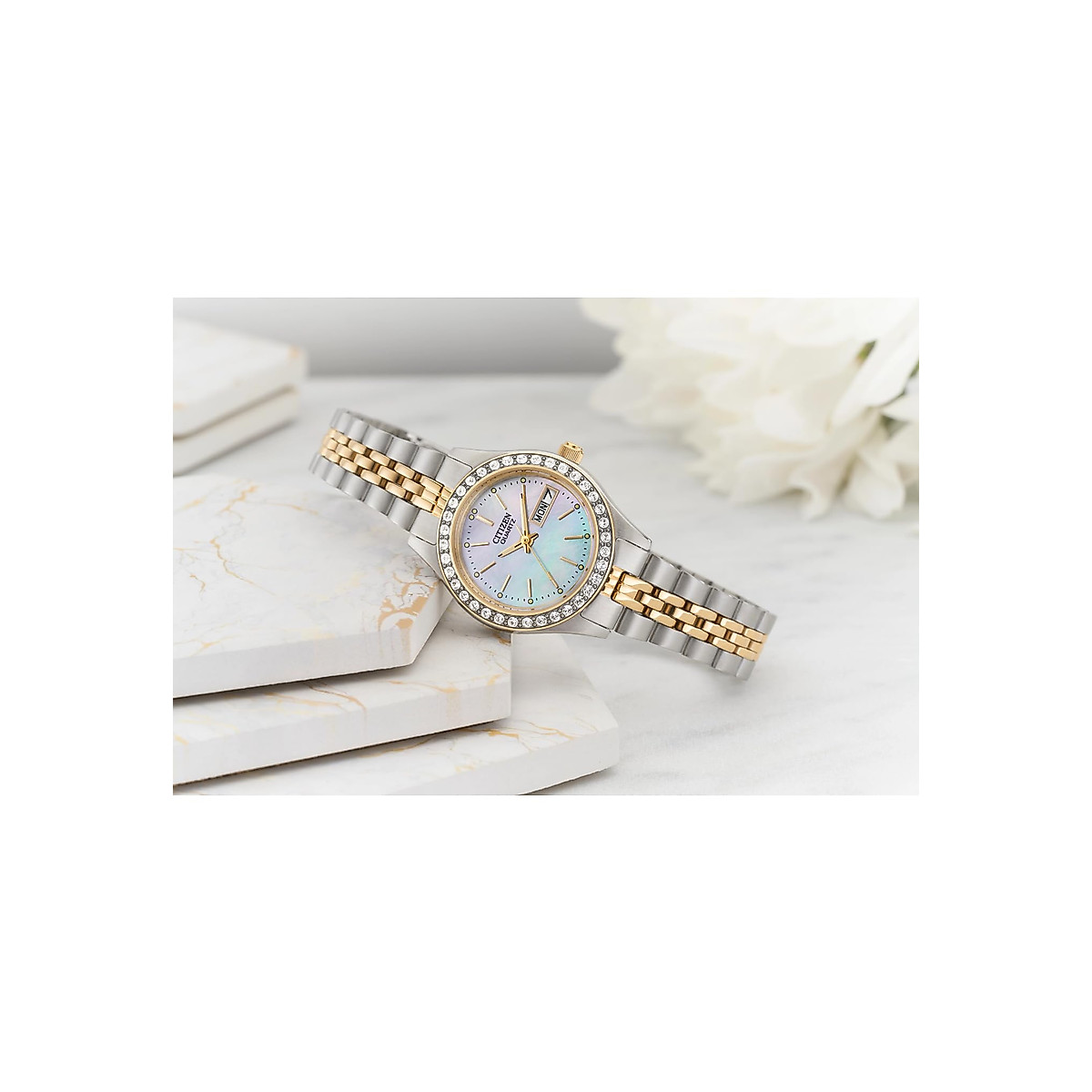 Citizen Ladies' Quartz Dress Bracelet Watch with Crystals, Two-Tone Gold and Day Date