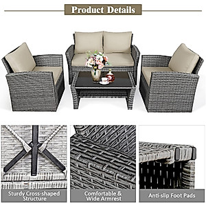 Tangkula 4 Pieces Patio Furniture Set, All Weather Outdoor Sectional Rattan Sofa Set with Cushions & Tempered Glass Table, Wicker Conversation Couch Set for Backyard Garden Poolside
