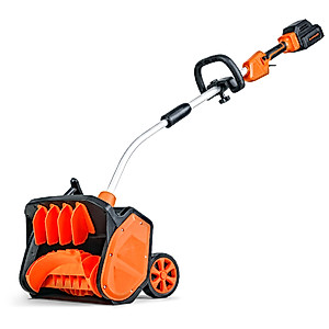 SuperHandy Electric Snow Thrower Adjustable Angle 17" Clearing Width 5.7" Intake Height 23' ft Throw Curved Serrated Blade 48V-2Ah Battery Portable Wheels Easy Maneuver Safety Switches Comfort Handle