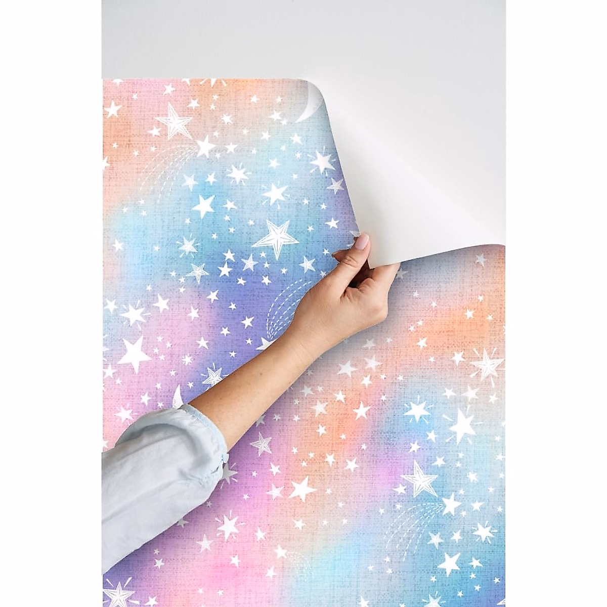 Peel & Stick Wallpaper Swatch - Celestial Rainbow Boho Nursery Ombre Pastel Stars Moon Clouds Night Sky Multicolor Custom Removable Wallpaper by Spoonflower