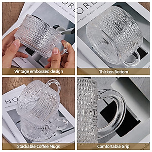 2PCS Vintage Glass Coffee Mugs with 2PCS Gold Spoons, Glass Coffee Cups Breakfast Tea Mug 14Oz Clear Embossed Glass Drinking Cup for Cappuccino, Latte, Yogurt, Beverage, Christmas Thanksgiving Gifts