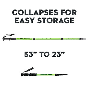 Trekking Pole & Walking Staff | Strong, Lightweight Aluminum | Extends up to 53" Collapses down to 23" | All-terrain: Interchangeable Carbonite Ice Pick Tip, Rubber Asphalt Tip, and Snow Cap (Green)