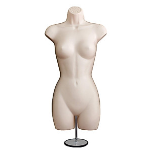 DisplayTown Flesh Male + Flesh Female Dress Form Mannequin Hip Long Hollow Back Body Torso Set w/Metal Stand with Metal Pole & Hanging Hook, S-M Sizes