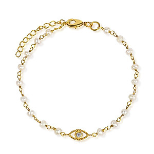 KARMA AND LUCK - Dreamlike Protection - Women's Real Pearl Stone 18K Gold Plated Brass Evil Eye Deflect Negativity Charm Adjustable Bracelet Handmade with Love in India