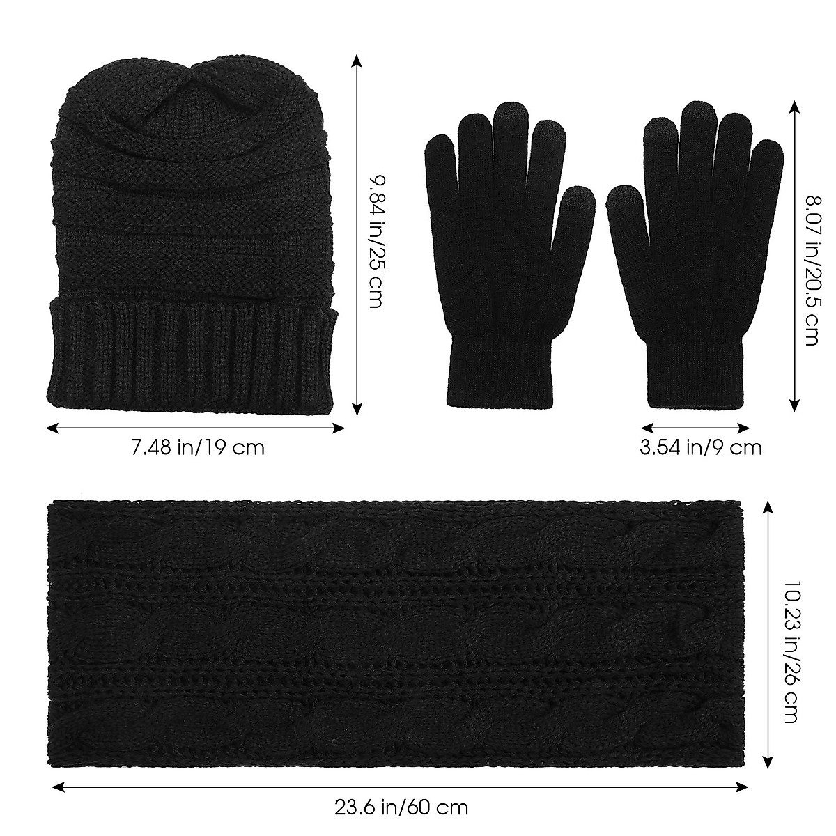 3 Pieces Winter Beanie Hat Scarf Touch Screen Warm Gloves Set Warm Knit Skull Cap for Men and Women (Black)
