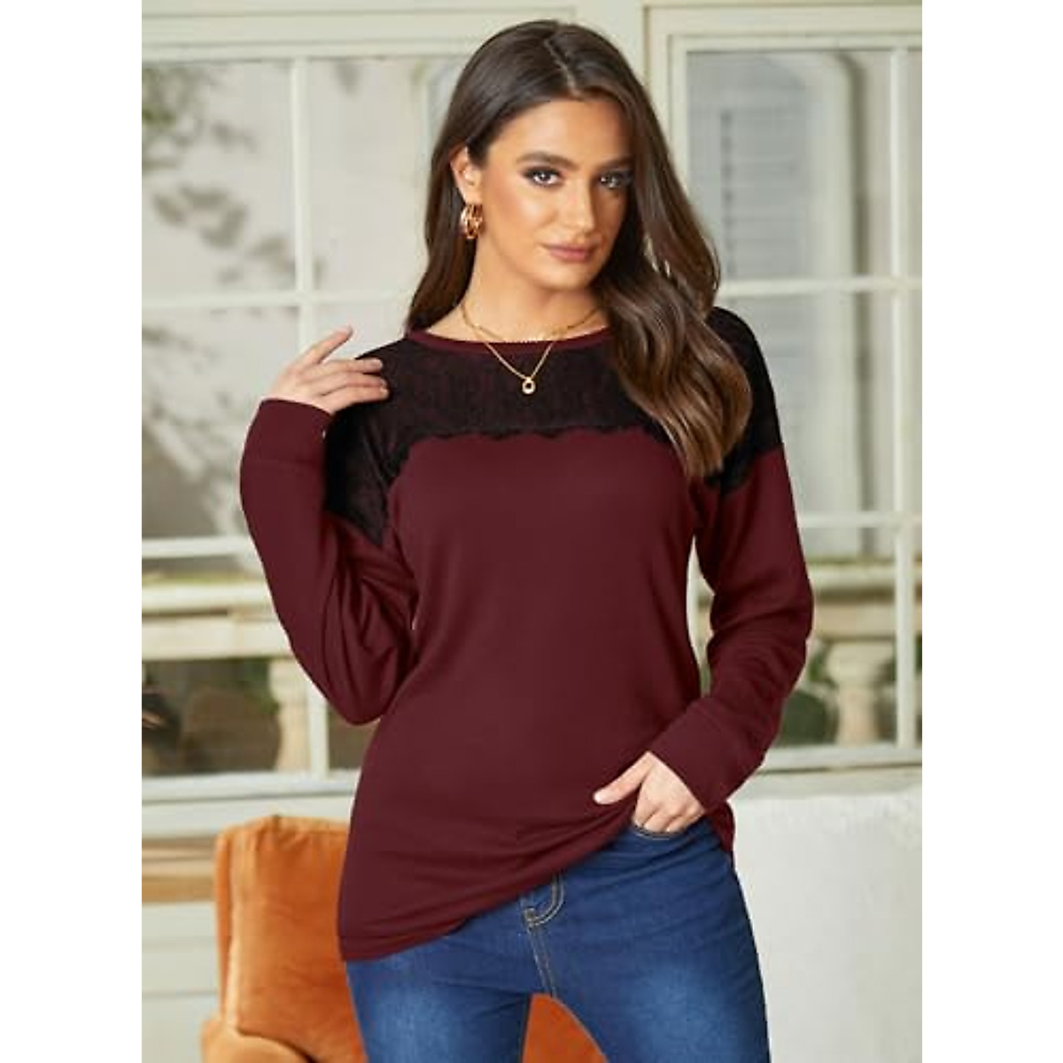 For G and PL Lady Fall Dressy Long Sleeve Holiday Blouse Cotton Lightweight Crewneck Sweatshirt Maroon L