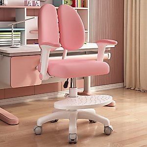 PAPABA Upgraded Kids Desk Chair, Height Depth Adjustable Double Back Support Chair with Comfort Pedal & Wheels Lock, Cute Kids Study Writing Chair for Home School Library, 150lbs Load Capacity (Pink)