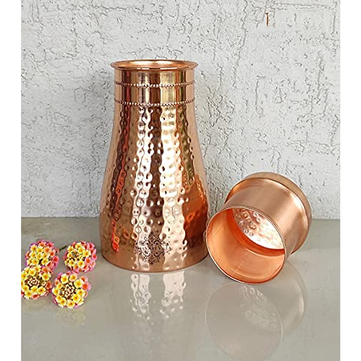 Indian Art Villa Pure Copper Bedroom Water Bottle With Inbuilt Glass & Hammered Shine Design, Drinkware, Storage Purpose, Volume-37 Oz