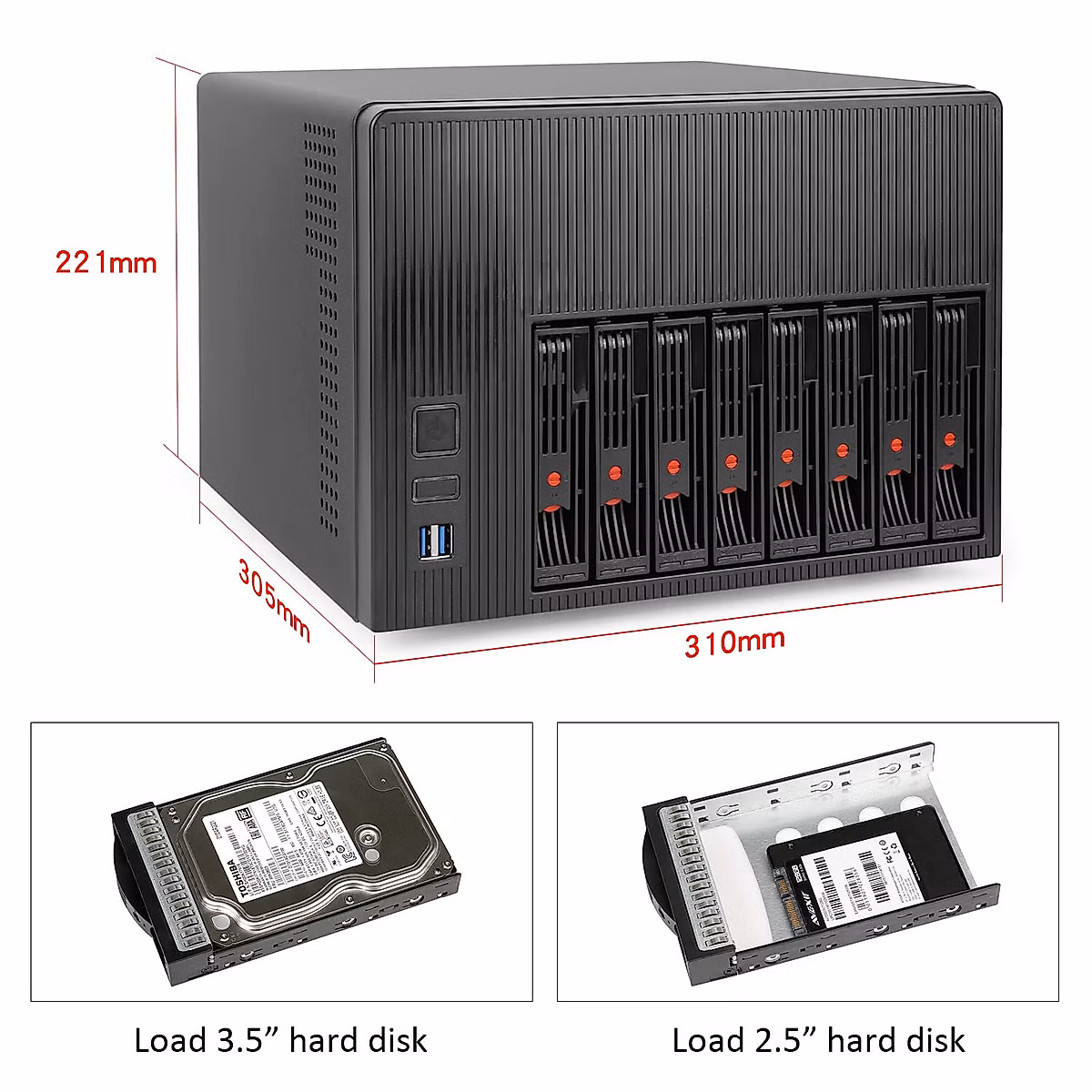 AUDHEID K7 8 Bay NAS Case, Computer Enclosures Compatible Micro-ATX Mini-ITX Motherboard, 3 x Fans, 8 x 2.5/3.5" Tray, Network Attached Storage Server for Home(Diskless)
