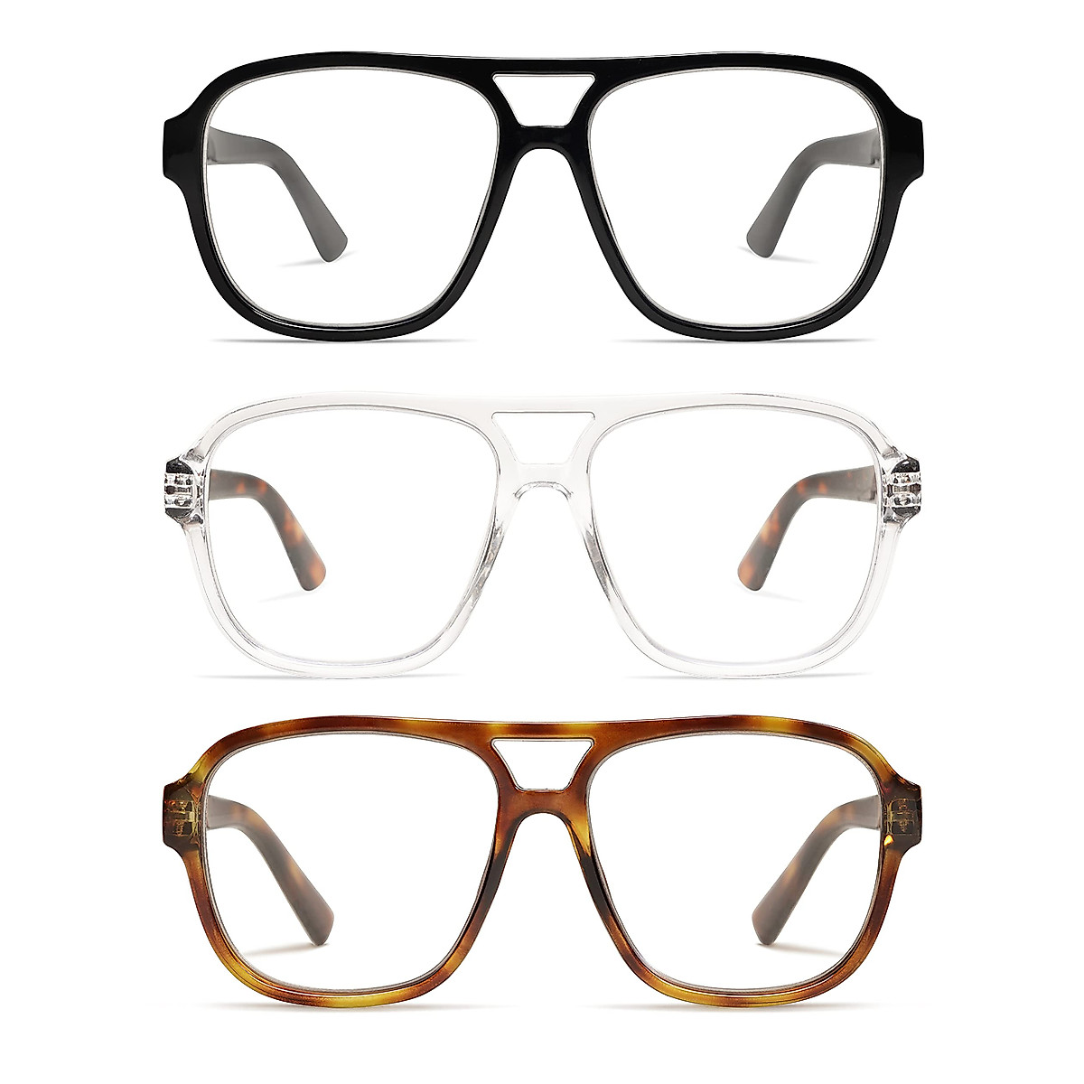 AMOMOMA 3 Pack Oversized Aviator Spring Hinge Reading Glasses for Women Men,Retro Blue Light Computer Reader Frame AM6081C1+C2+C3 1.0 X