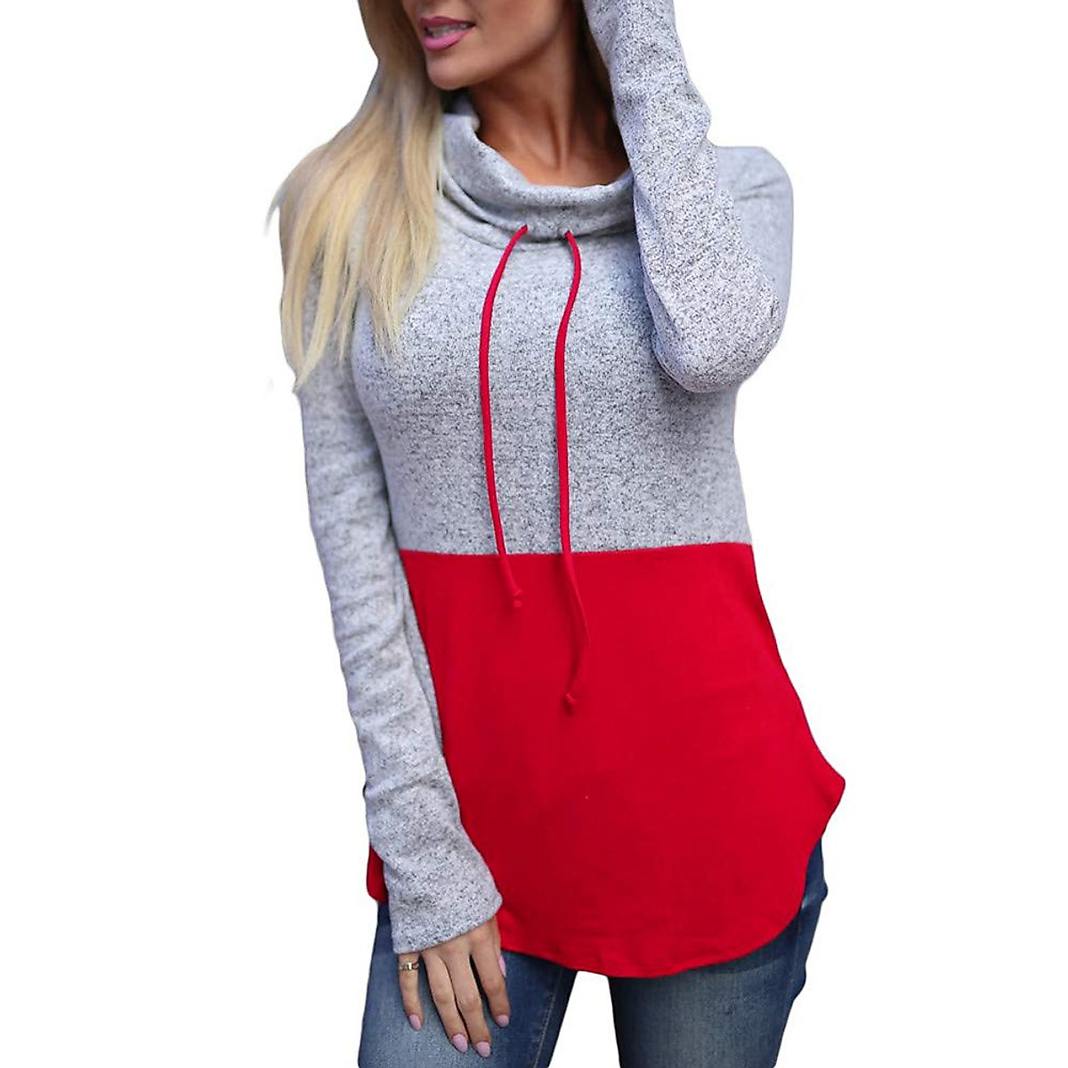 Women Cowl Neck Color Block Long Sleeve Tunic Sweatshirt Pullover Tops Turtleneck Patchwork Shirt Blouse Top Red