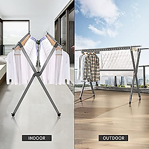 HWAJAN 90 Inches Folding Clothes Drying Rack Indoor Outdoor-Aluminum Collapsible Clothing Drying Racks for Laundry-Heavy Duty Foldable Clothes Dryer Rack with 42 Windproof Hooks,Large,Grey