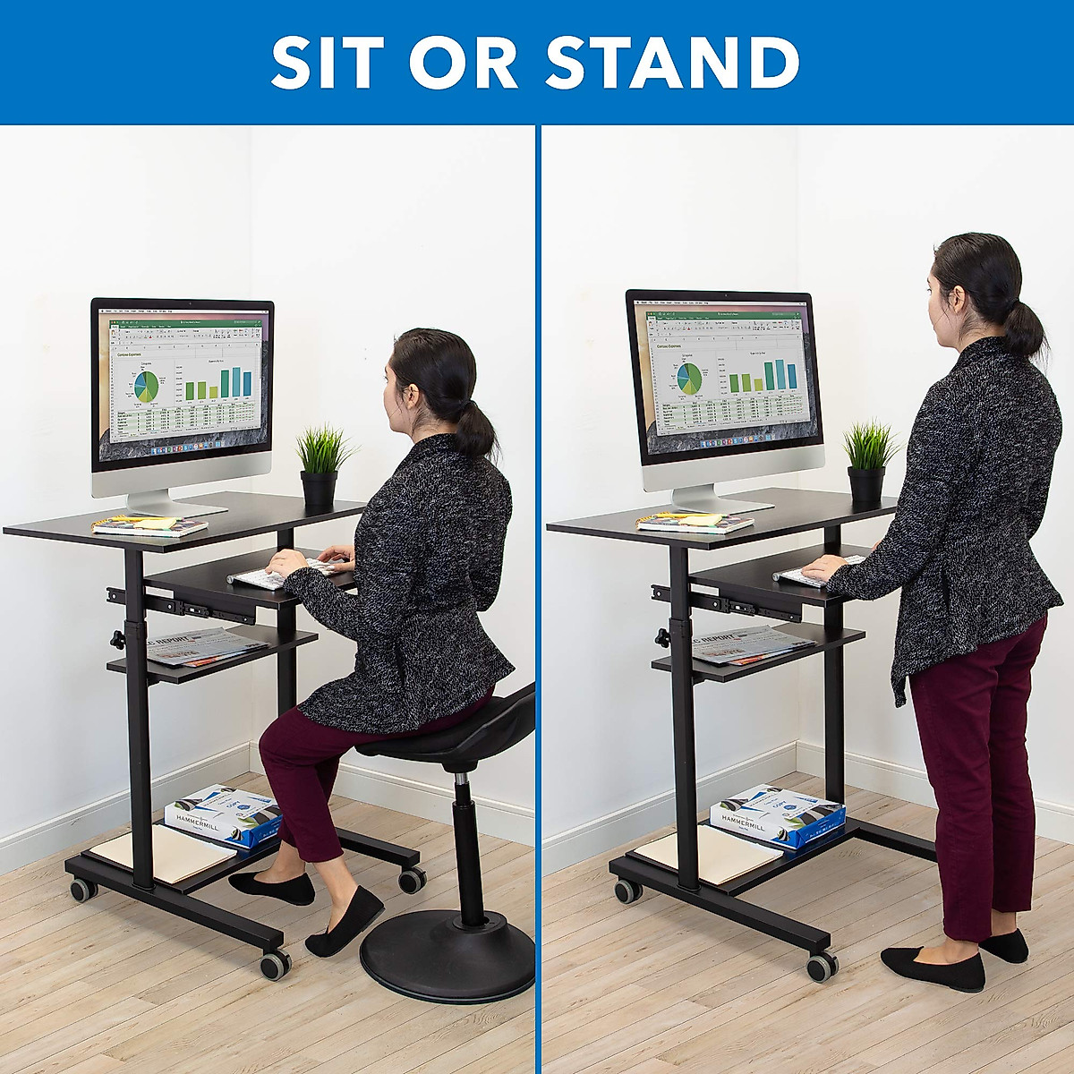 Mount-It! Mobile Standing Desk with Retractable Keyboard Platform | Height Adjustable Stand Up Computer Workstation | Locking Wheels, 99 Lbs Capacity