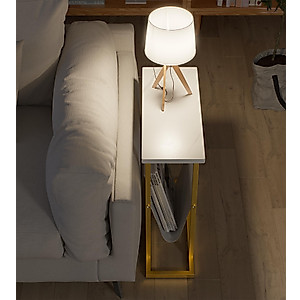 Yusong Small Narrow Side Table for Small Spaces, 17.7" W Slim End Table Magazine Table Nighstand with Storage Holder, Accent Skinny Snack Couch Bedside Table, Gold White, Complete Iron Pipes