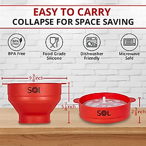 SOL - Heat-Resistant Cooking Utensil Set Microwave Silicone Popcorn Maker with Lid and BPA Free,Heat Resistant Silicone Popcorn Maker Collapsible Bowl 10 X 8 X 6 Inches - Red