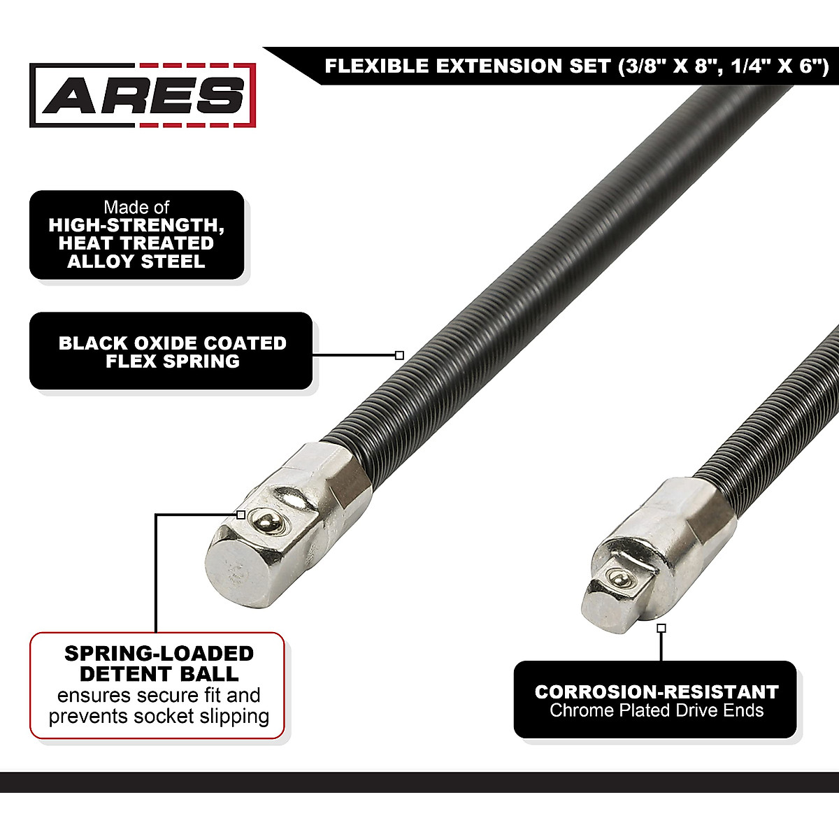 ARES 42071 – 2-Piece Flexible Socket Extension Set – 1/4-Inch and 3/8-Inch Drive Extensions – 6-Inch and 8-Inch Extensions with Flexible Shafts – Spring-Loaded Detent Balls to Prevent Slipping