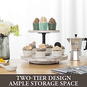 MyGift 2 Tier Lazy Susan Dessert Display Stand - Shabby White Washed Solid Wood and Industrial Matte Black Metal Pipe 360 Degree Rotating Cupcake Riser Tray