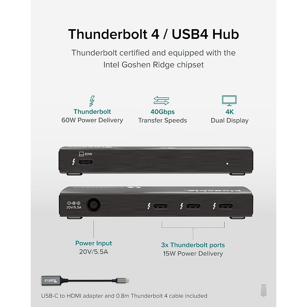 Plugable Thunderbolt 4 Hub Bundle Includes USB-C to 4K HDMI Adapter and 7-in-1 Multiport Adapter, 60W Laptop Charging, Compatible with Mac, Windows Laptops, Thunderbolt 3 or 4, and USB4 Devices
