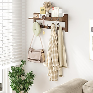AMBIRD Wall Hooks with Shelf 26.57inch Entryway Wall Hanging Shelf Wood Coat Hooks for Wall with Shelf Coat Rack Wall Mount Rack with 5 Dual Hooks 3 Key Hooks Mail Organizer and Key Rack Key Holder